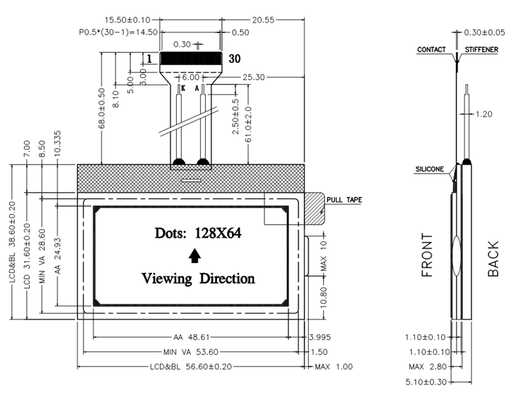 2.15'' 128x64 Gray Graphic LCD Display Module